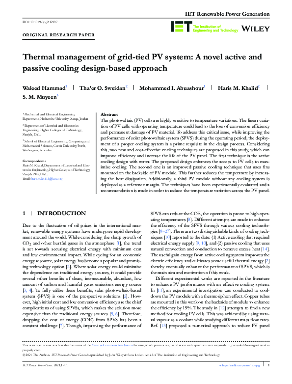 (PDF) Thermal management of grid‐tied PV system: A novel active and passive cooling design‐based ...