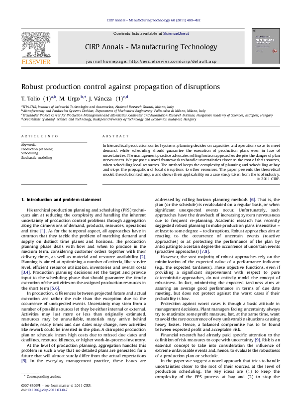(PDF) Robust production control against propagation of disruptions