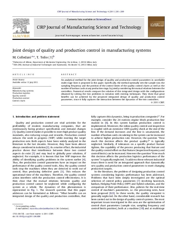 (PDF) Joint design of quality and production control in manufacturing systems