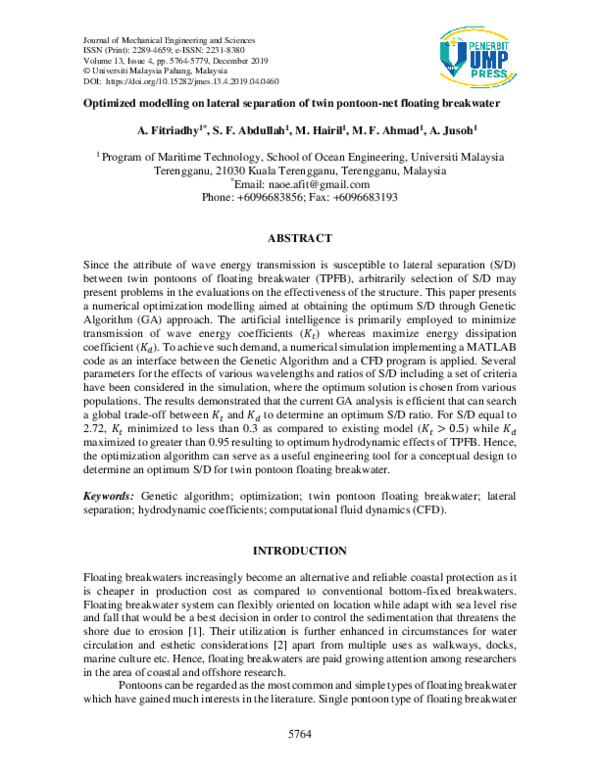 (PDF) Optimized modelling on lateral separation of twin pontoon-net floating breakwater