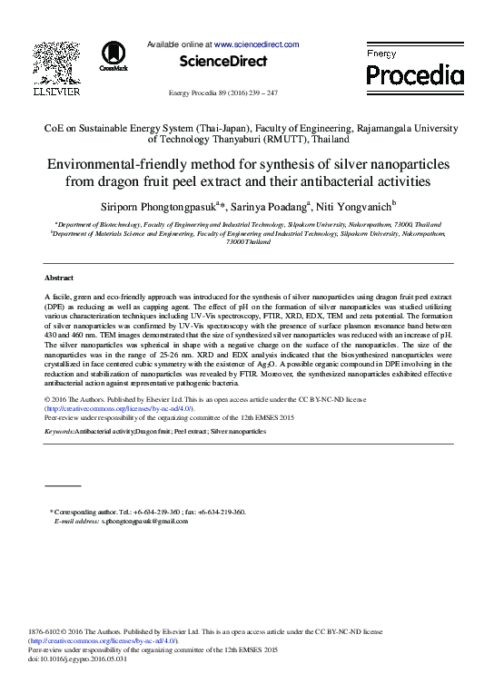 (PDF) Environmental-friendly Method for Synthesis of Silver Nanoparticles from Dragon Fruit Peel ...