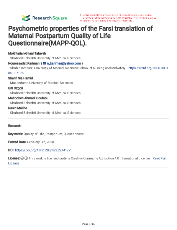 (PDF) Psychometric properties of the Farsi translation of Maternal ...