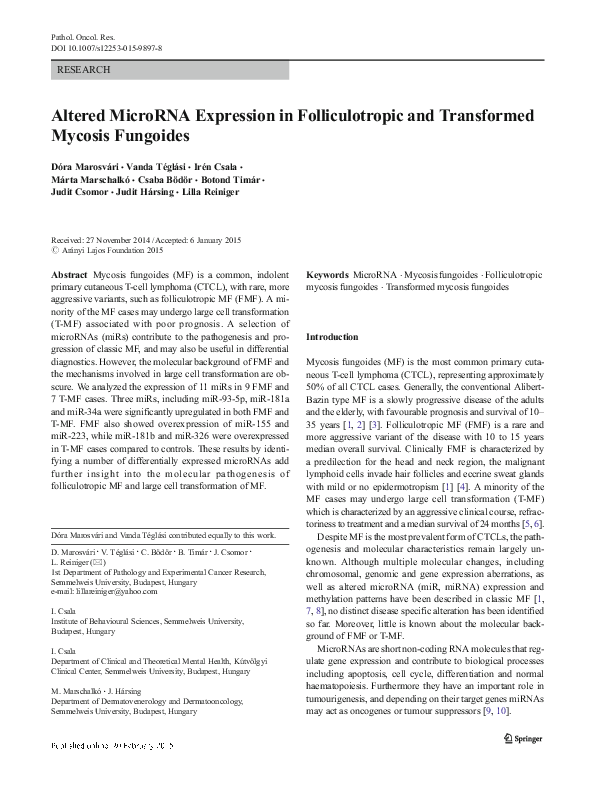 (PDF) Altered MicroRNA Expression in Folliculotropic and Transformed Mycosis Fungoides