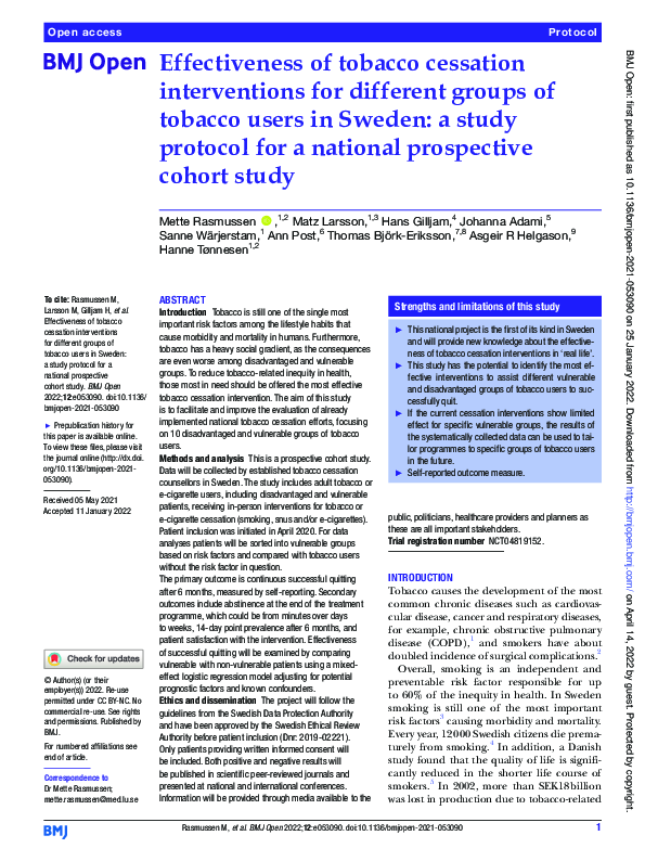 (PDF) Effectiveness of tobacco cessation interventions for different groups of tobacco users in ...