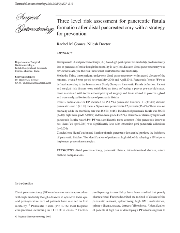 (PDF) Three level risk assessment for pancreatic fistula formation after distal pancreatectomy ...