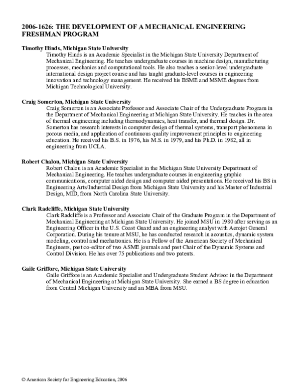 (PDF) The Development Of A Mechanical Engineering Freshman Program