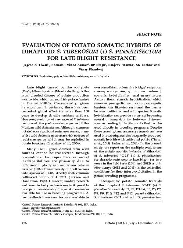 (PDF) Evaluation of potato somatic hybrids of dihaploid S. tuberosum ...