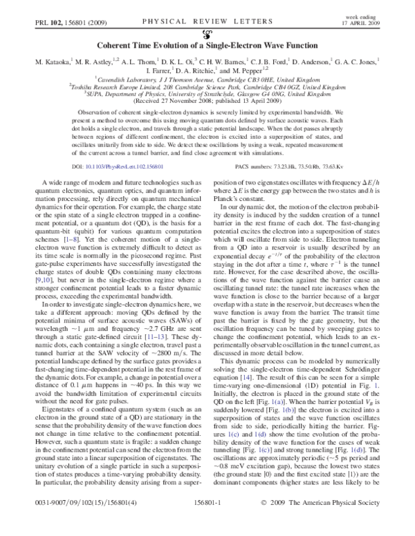 (PDF) Coherent Time Evolution of a Single-Electron Wave Function