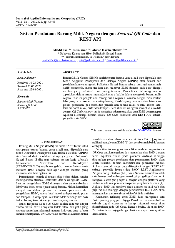 (PDF) Sistem Pendataan Barang Milik Negara dengan Secured QR Code dan REST API | Maidel Fani ...