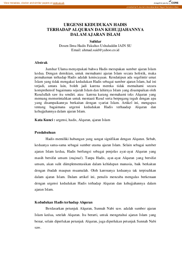 (PDF) Urgensi Kedudukan Hadis Terhadap Alquran Dan Kehujjahannya Dalam Ajaran Islam