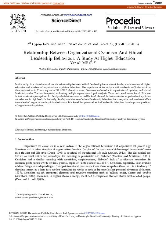 (PDF) Relationship between Organizational Cynicism and Ethical Leadership Behaviour: A Study at ...