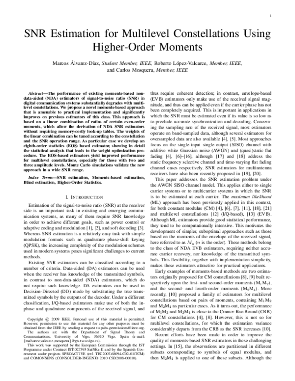 (PDF) SNR Estimation for Multilevel Constellations Using Higher-Order Moments
