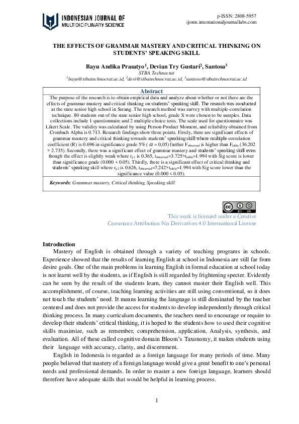 (PDF) The Effects of Grammar Mastery and Critical Thinking on Students ...