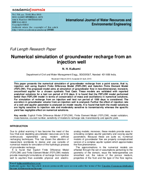 (PDF) Numerical simulation of groundwater recharge from an injection well