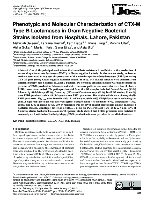 (PDF) Phenotypic and Molecular Characterization of CTX-M Type B-Lactamases in Gram Negative ...