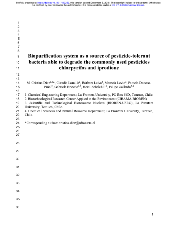 (PDF) Biopurification system as a source of pesticide-tolerant bacteria able to degrade the ...