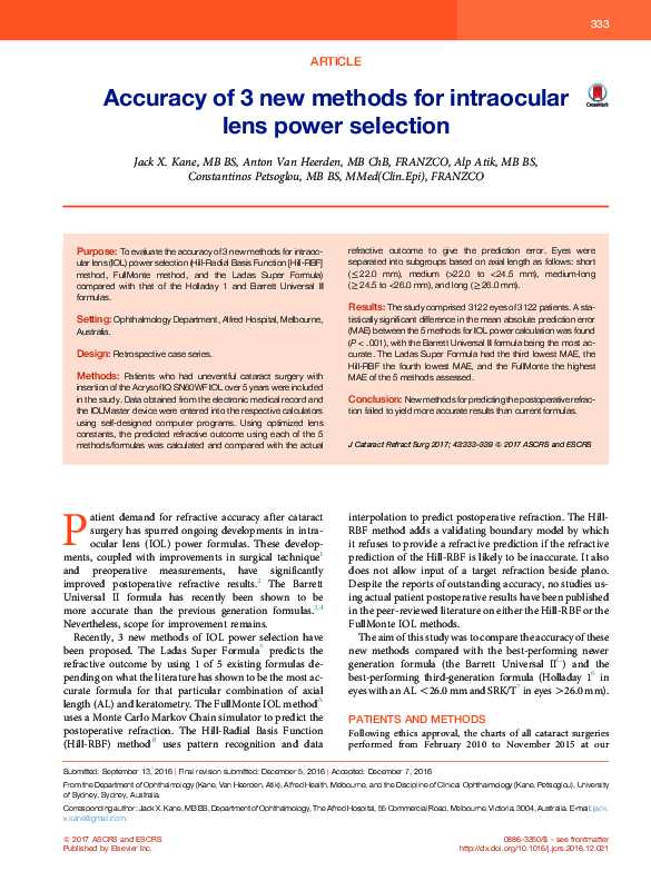 (PDF) Accuracy of 3 new methods for intraocular lens power selection