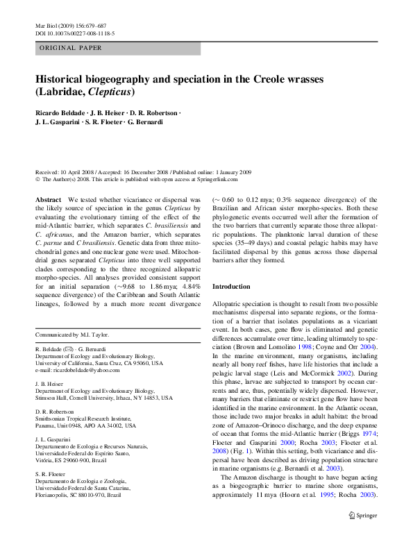 (PDF) Historical biogeography and speciation in the Creole wrasses ...