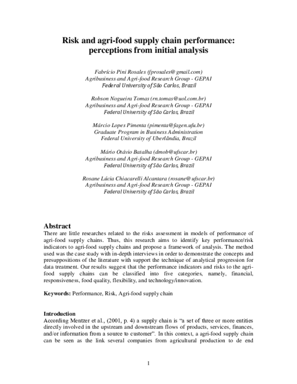 (PDF) Risk and agri-food supply chain performance: perceptions from initial analysis