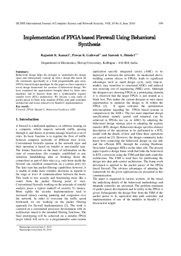 (PDF) Implementation of FPGA based Firewall Using Behavioral Synthesis