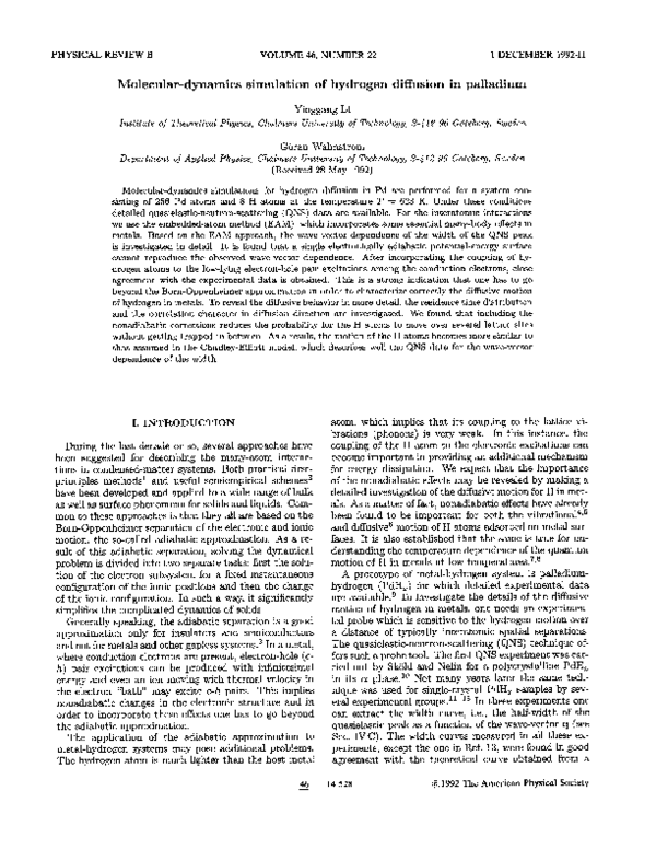 (PDF) Molecular-dynamics simulation of hydrogen diffusion in palladium