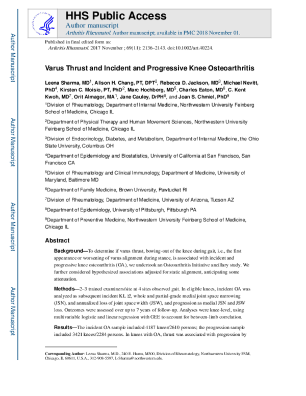 (PDF) Varus Thrust and Incident and Progressive Knee Osteoarthritis