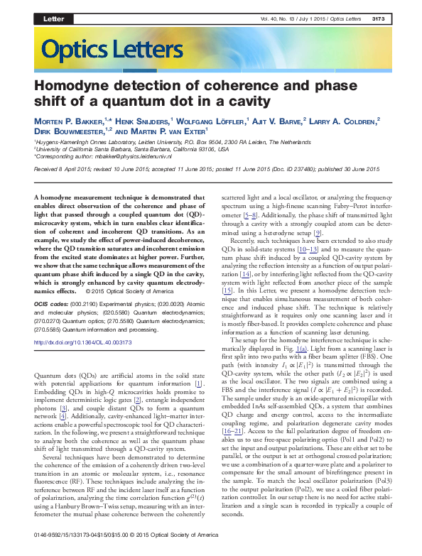 Pdf Homodyne Detection Of Coherence And Phase Shift Of A Quantum Dot In A Cavity