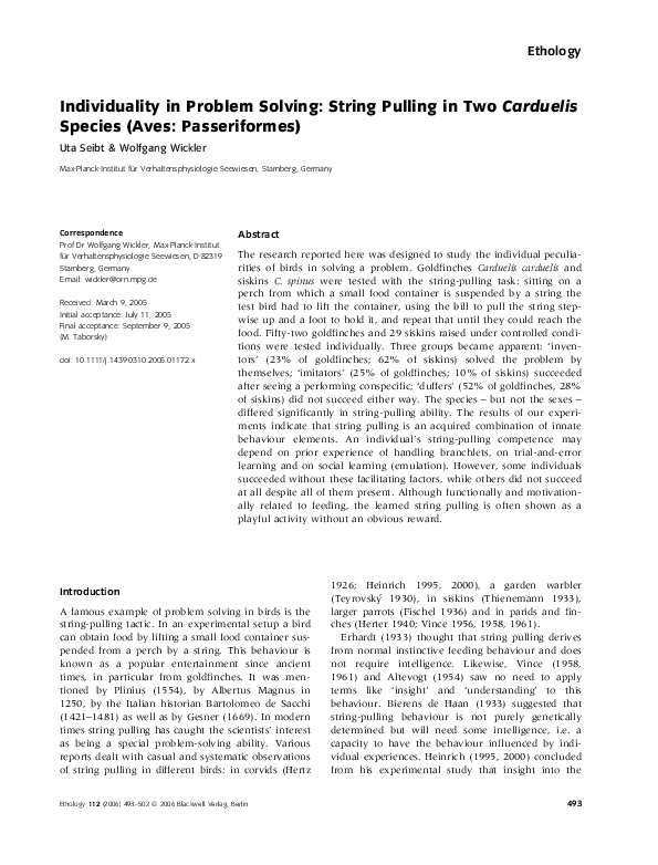 (PDF) Individuality in Problem Solving: String Pulling in Two Carduelis ...
