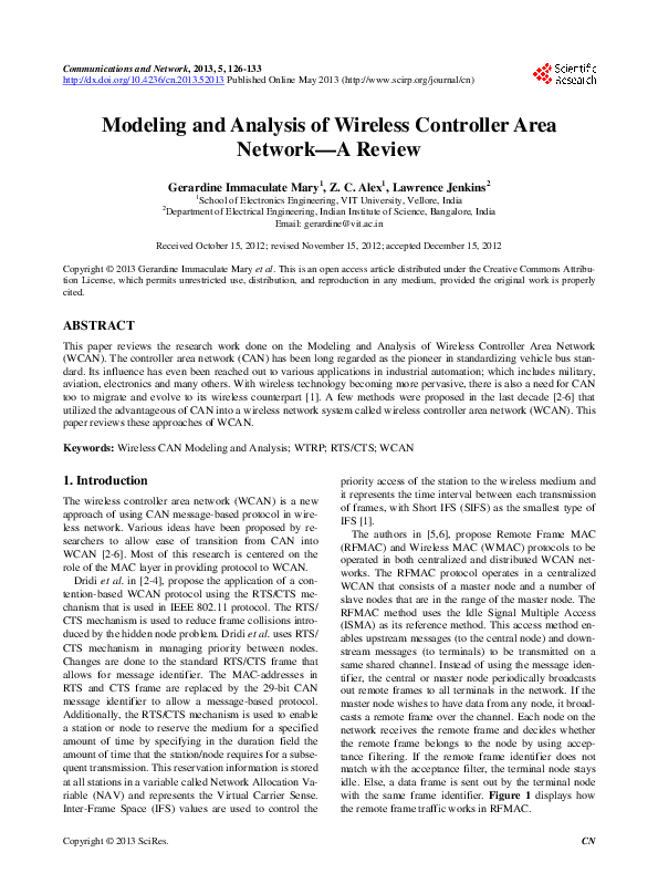 (PDF) Modeling and Analysis of Wireless Controller Area Network—A Review