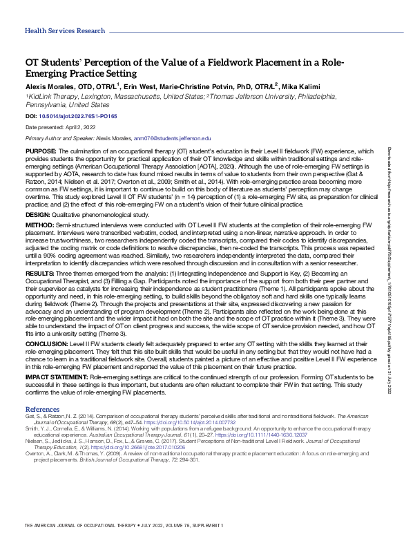 (PDF) OT Students’ Perception of the Value of a Fieldwork Placement in ...