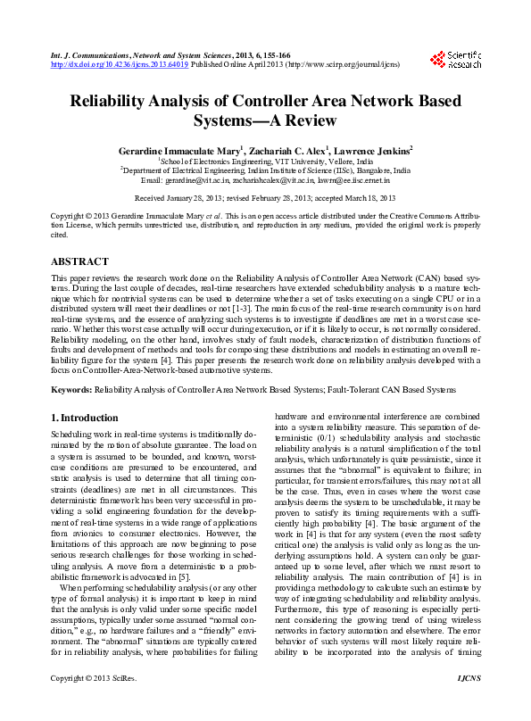 Pdf Reliability Analysis Of Controller Area Network Based Systems—a