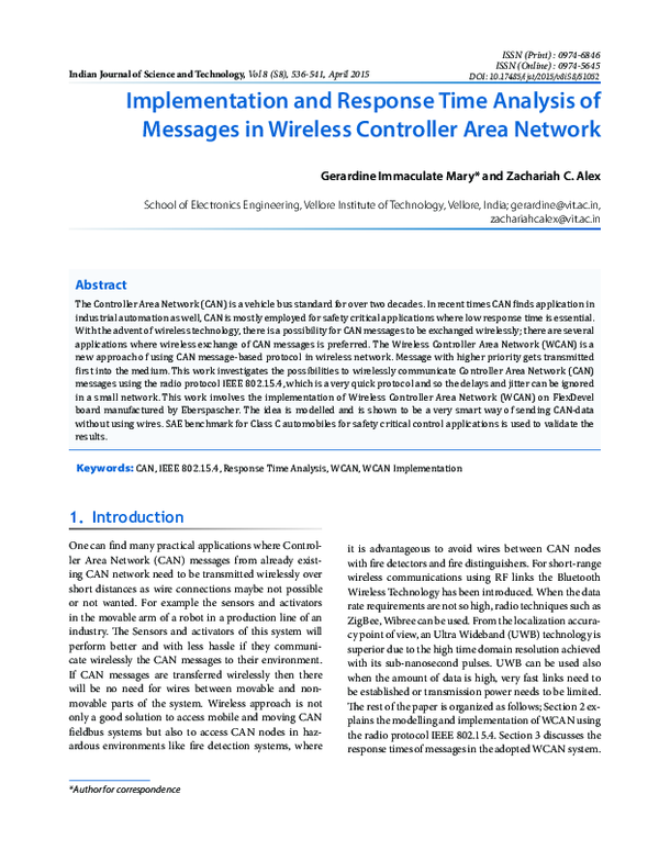 Pdf Implementation And Response Time Analysis Of Messages In Wireless Controller Area Network
