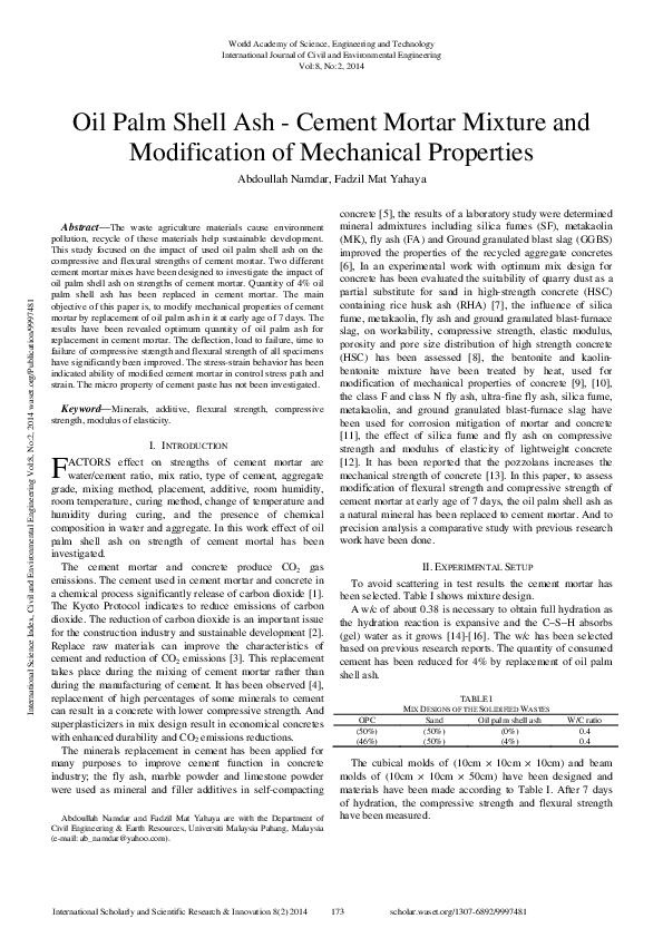 (PDF) Oil Palm Shell Ash - Cement Mortar Mixture And Modification Of ...
