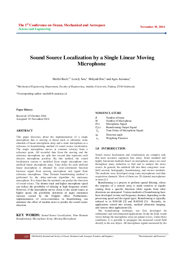 Pdf Sound Source Localization By A Single Linear Moving Microphone