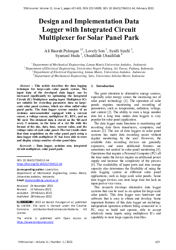 Pdf Design And Implementation Data Logger With Integrated Circuit Multiplexer For Solar Panel Park