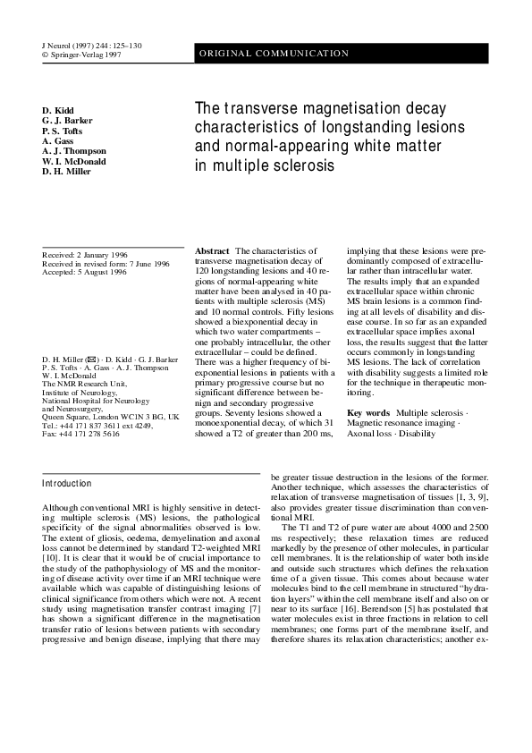(PDF) The transverse magnetisation decay characteristics of longstanding lesions and normal ...