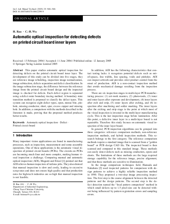 (PDF) Automatic optical inspection for detecting defects on printed circuit board inner layers