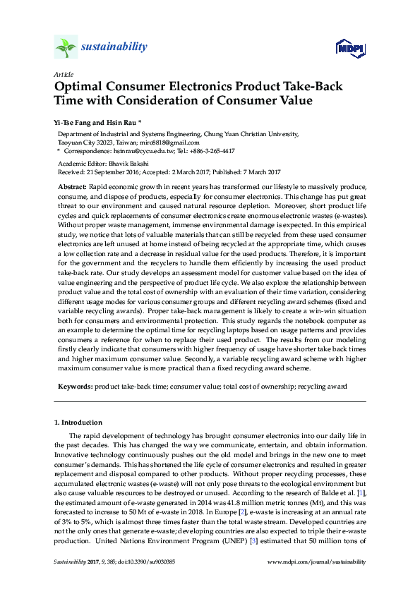 (PDF) Optimal Consumer Electronics Product Take-Back Time with ...