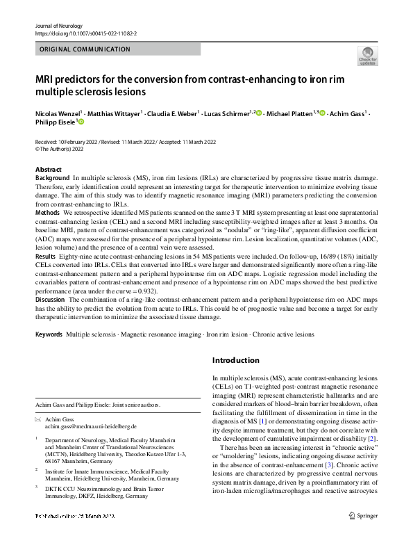 (PDF) MRI predictors for the conversion from contrast-enhancing to iron ...