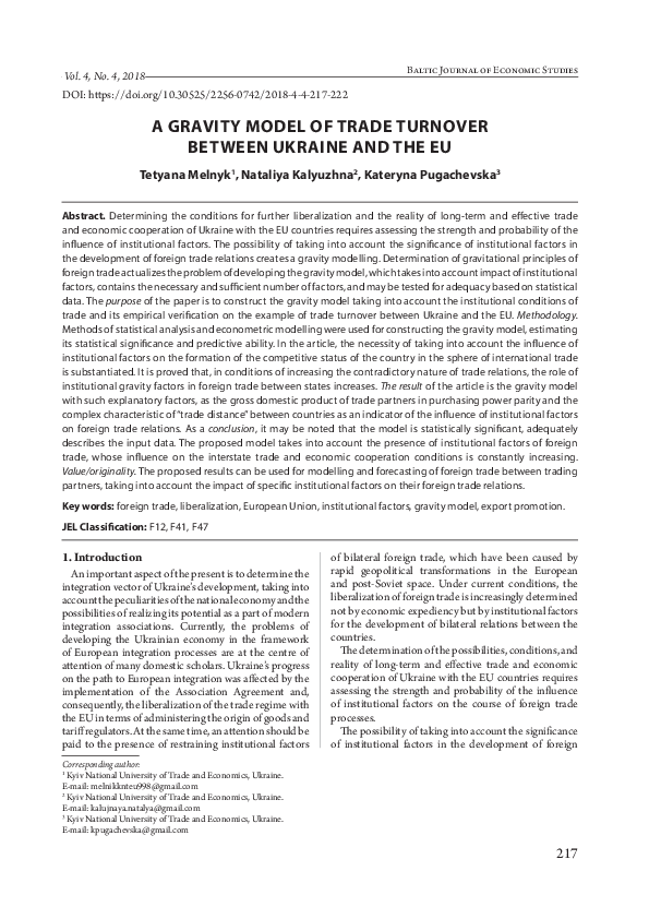(PDF) A Gravity Model of Trade Turnover Between Ukraine and the Eu