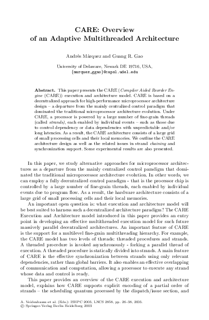 Pdf Care Overview Of An Adaptive Multithreaded Architecture