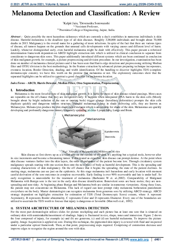 (PDF) Melanoma Detection and Classification: A Review