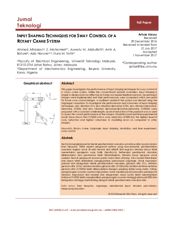 Pdf Input Shaping Techniques For Sway Control Of A Rotary Crane System Auwalu Abdullahi