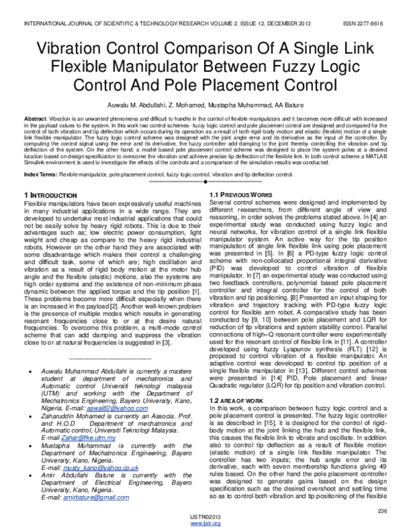 Pdf Vibration Control Comparison Of A Single Link Flexible Manipulator Between Fuzzy Logic