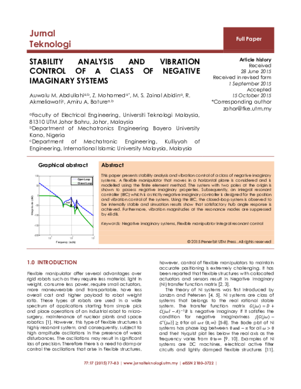 (PDF) Stability Analysis and Vibration Control of a Class of Negative Imaginary Systems