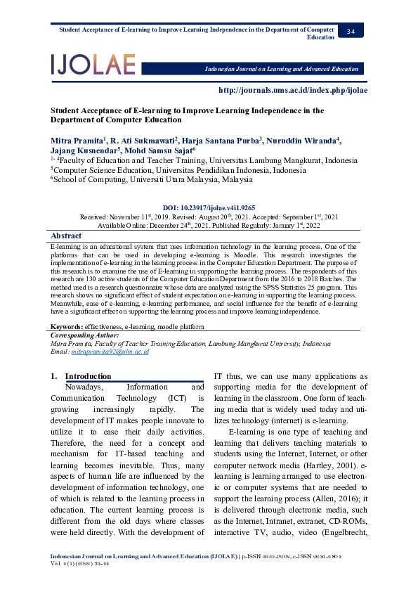 (PDF) Student Acceptance of E-learning to Improve Learning Independence in the Department of ...