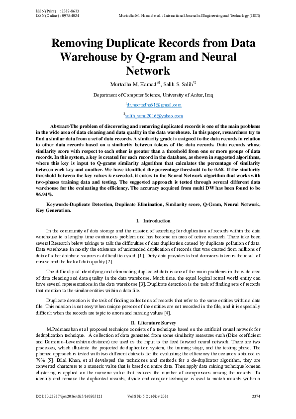 (PDF) Removing Duplicate Records from Data Warehouse by Q-gram and Neural Network