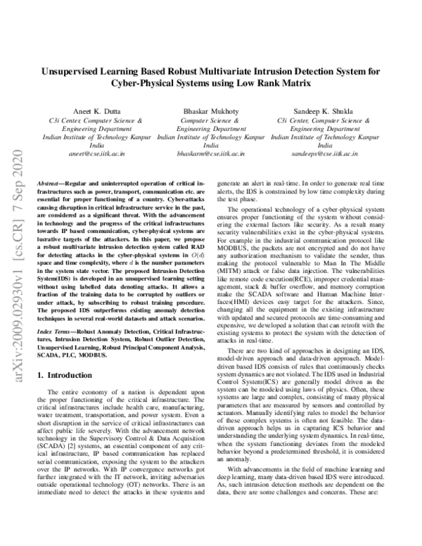 Pdf Unsupervised Learning Based Robust Multivariate Intrusion Detection System For Cyber