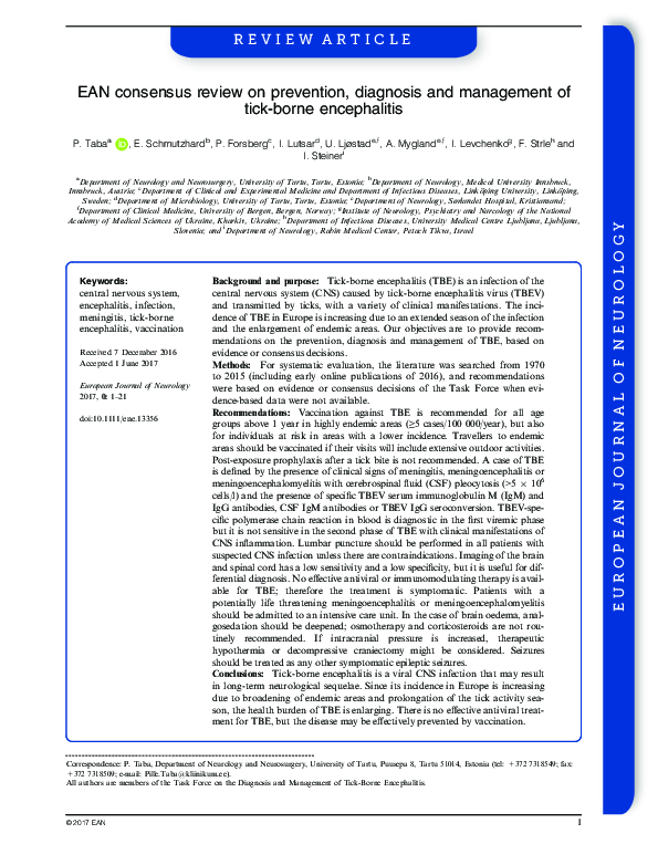 (PDF) EAN consensus review on prevention, diagnosis and management of tick‐borne encephalitis