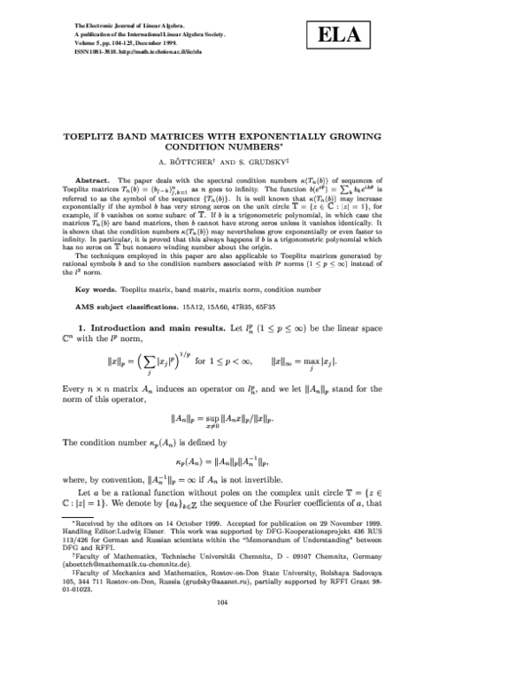 Pdf Toeplitz Band Matrices With Exponentially Growing Condition Numbers